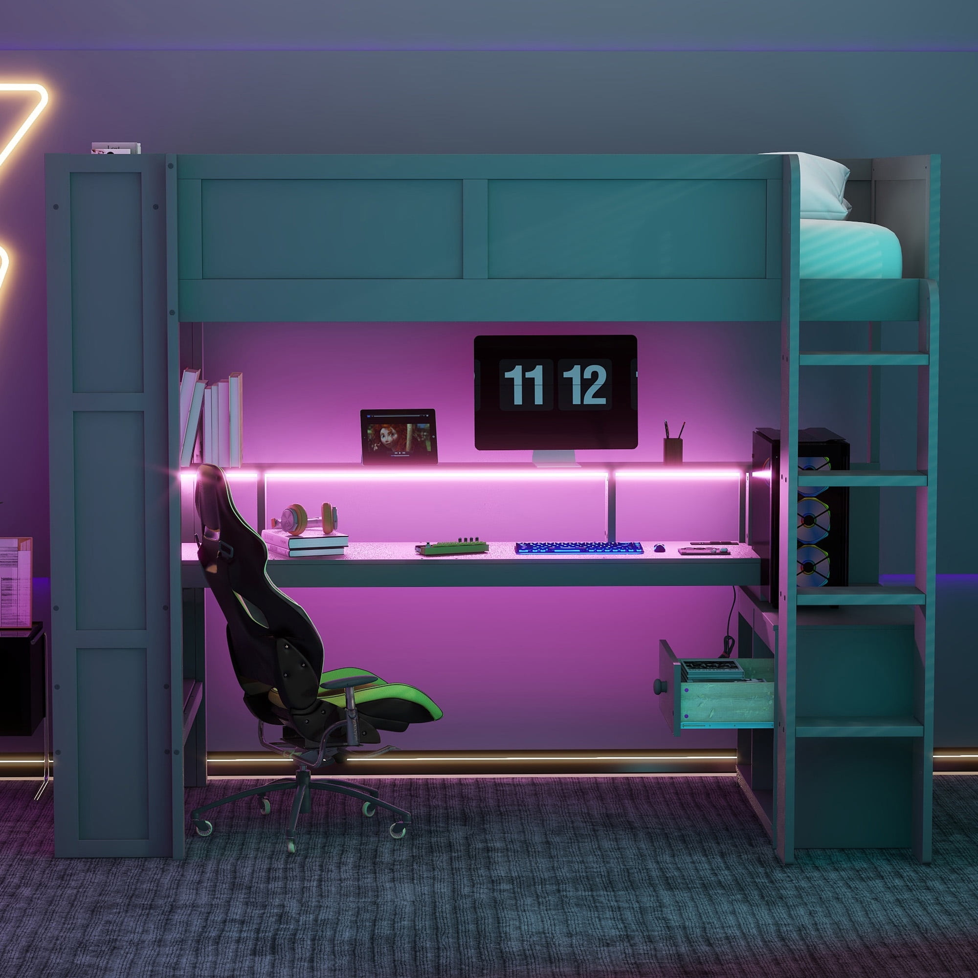 Twin Gaming Loft Bed with Charging Desk – 300LB Capacity – Built-in USB ...