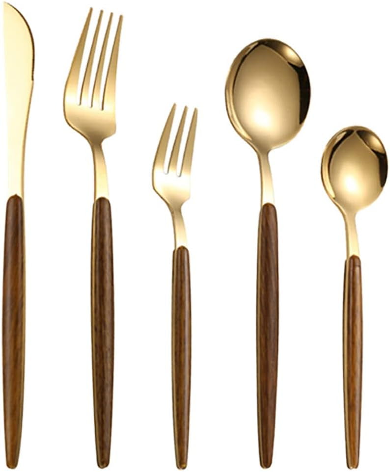 Wood Gold Silverware Set for 10 Stainless Steel Flatware Set 50 Piece ...