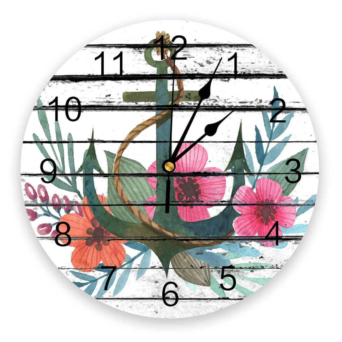 Wood Grain Anchor Watercolor Flowers Wall Clock Living Room ration Wall ...
