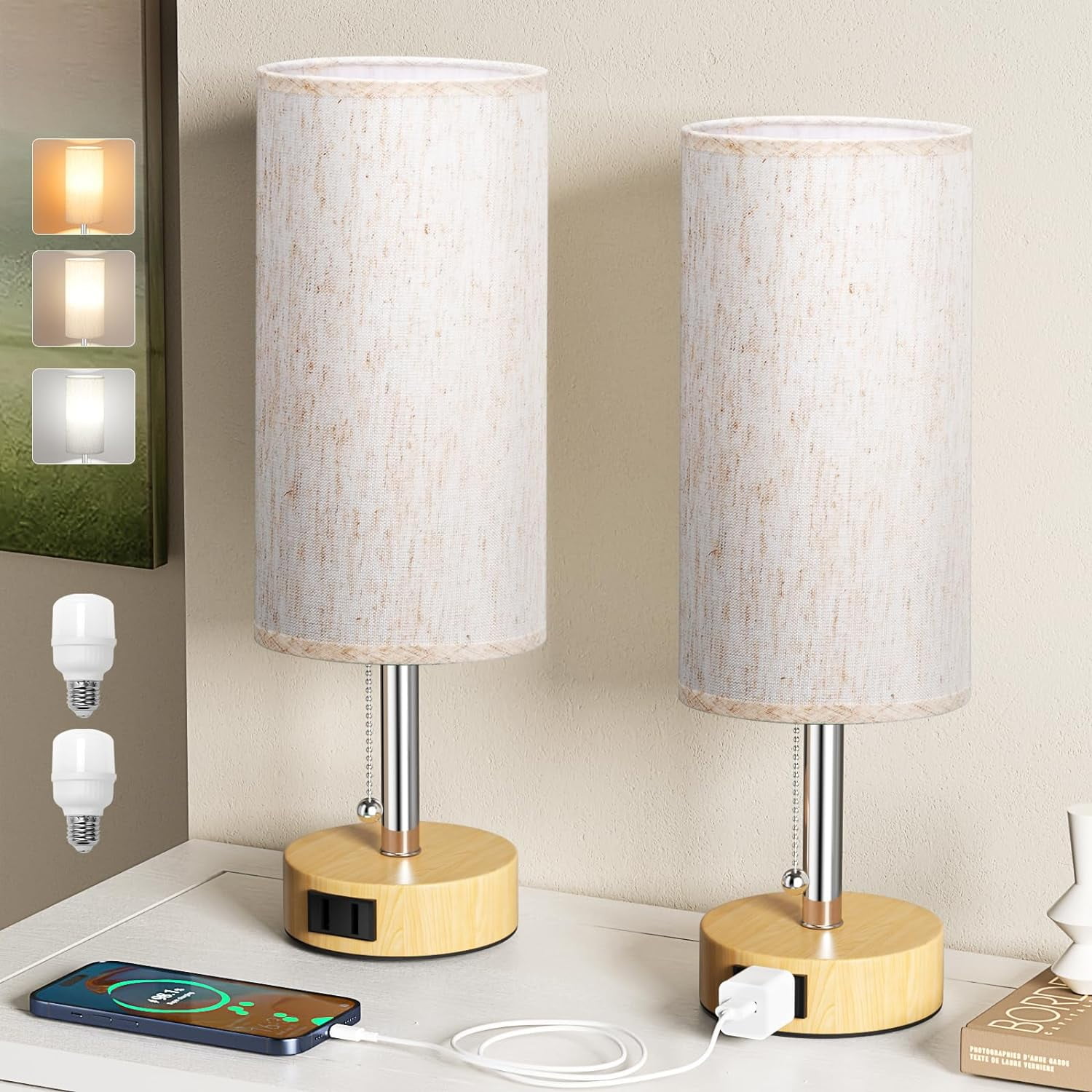 Wood Grain Bedside Table Lamps Set of 2-3 Color Temperatures Pull Chain ...