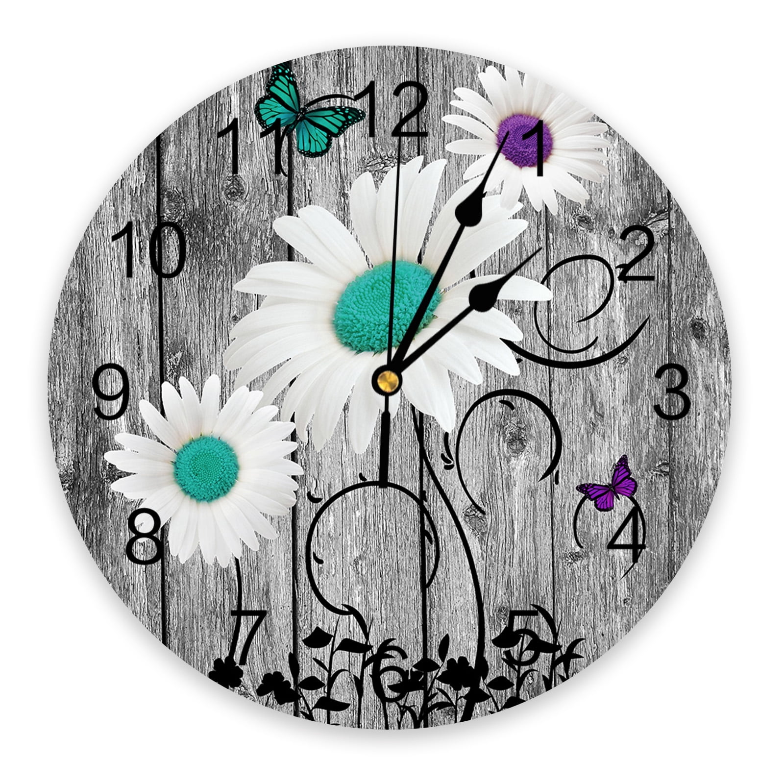 Wood Grain Daisy Butterfly Retro Art 3D Wall Clock Modern Design Living ...