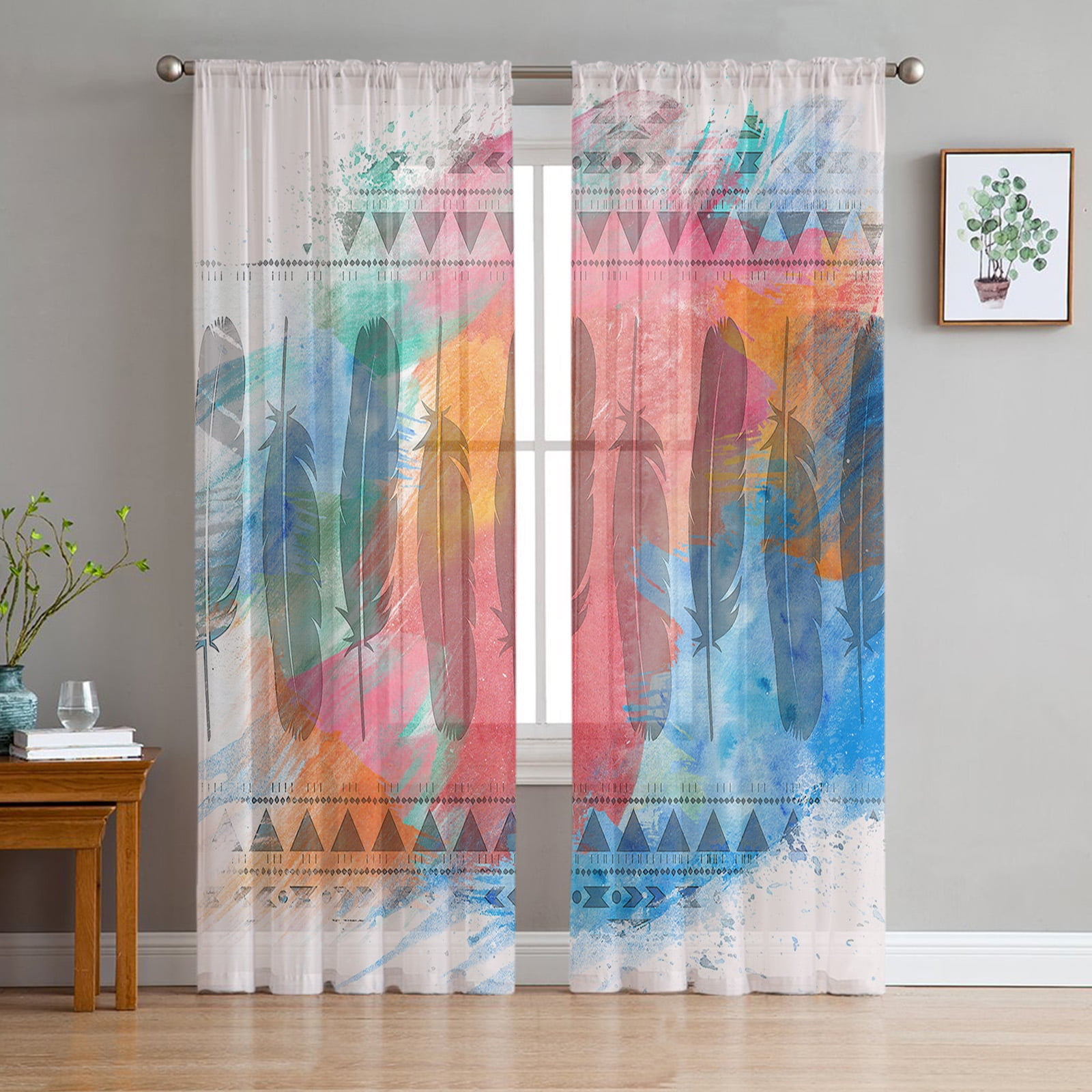 Wood Grain Feather Fall Vintage Farm Sheer Curtains Living Room Printed ...