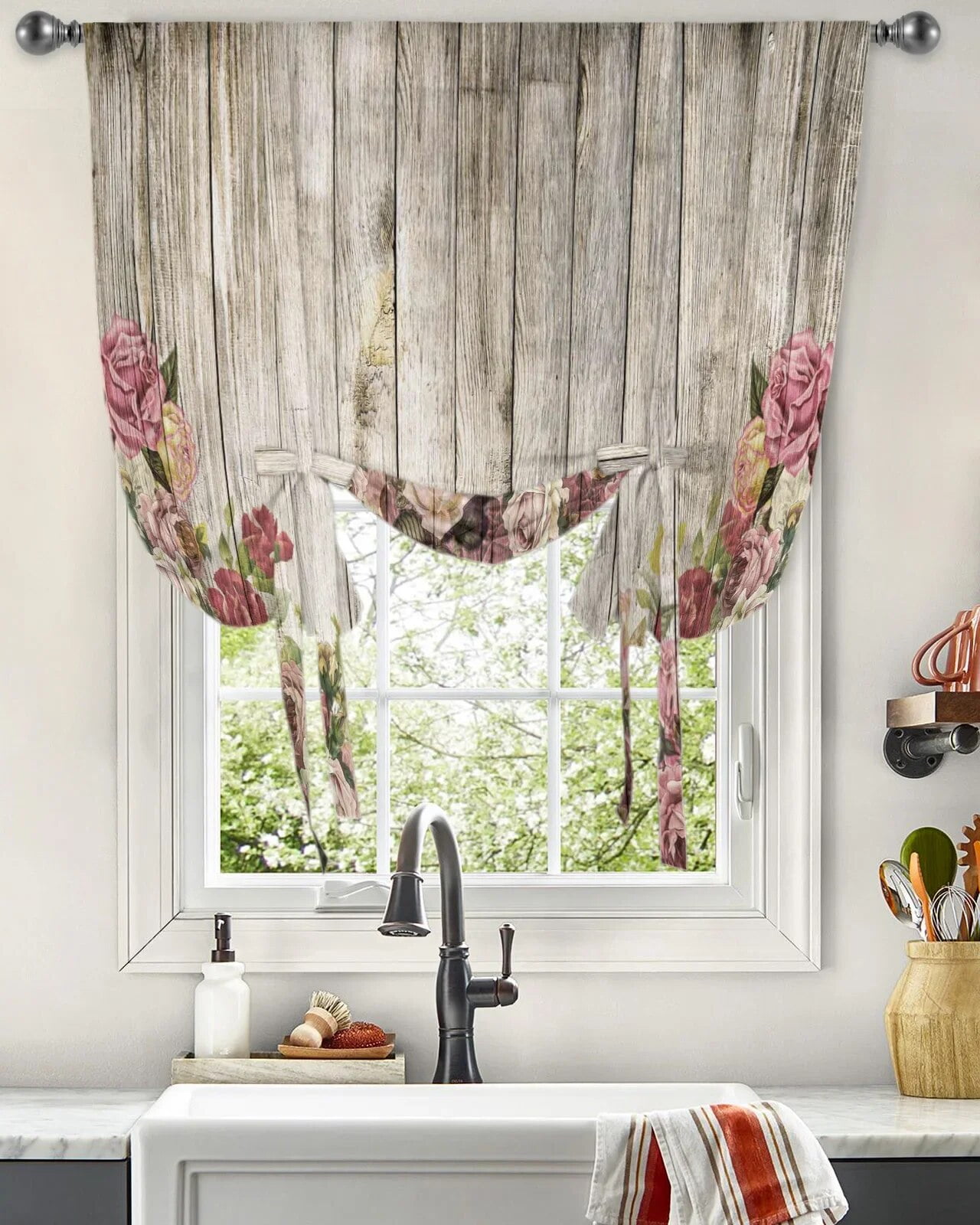 Wood Grain Flower Retro Curtain for Living Room Kitchen Tie-up Short ...
