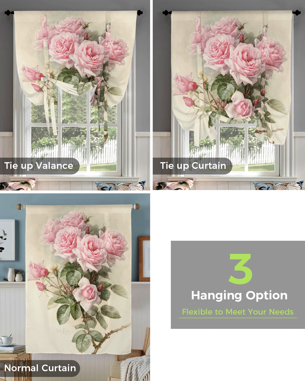 Wood Grain Flower Retro Curtain for Living Room Kitchen Tie-up Short ...