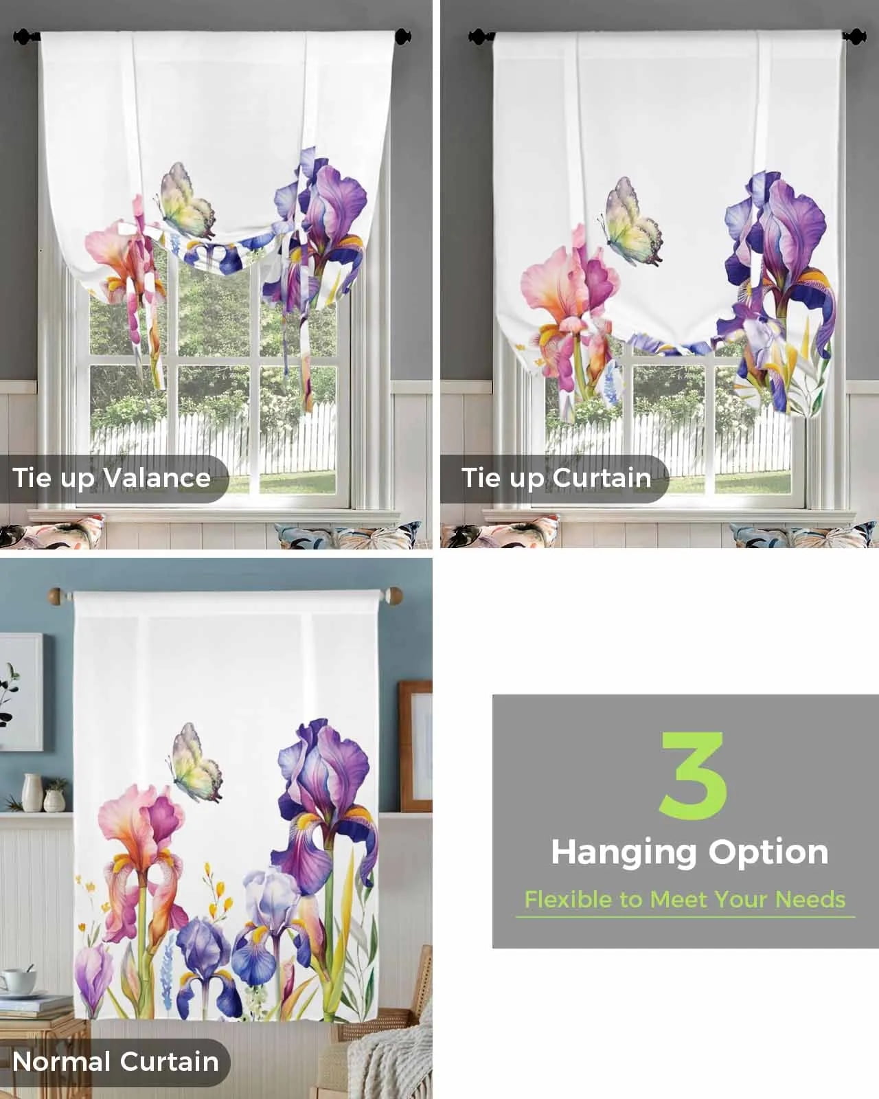 Wood Grain Flower Retro Curtain for Living Room Kitchen Tie-up Short ...