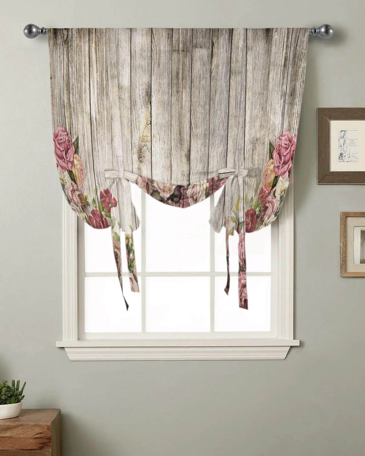 Wood Grain Flower Retro Kitchen Short Window Curtain Rod Pocket ...