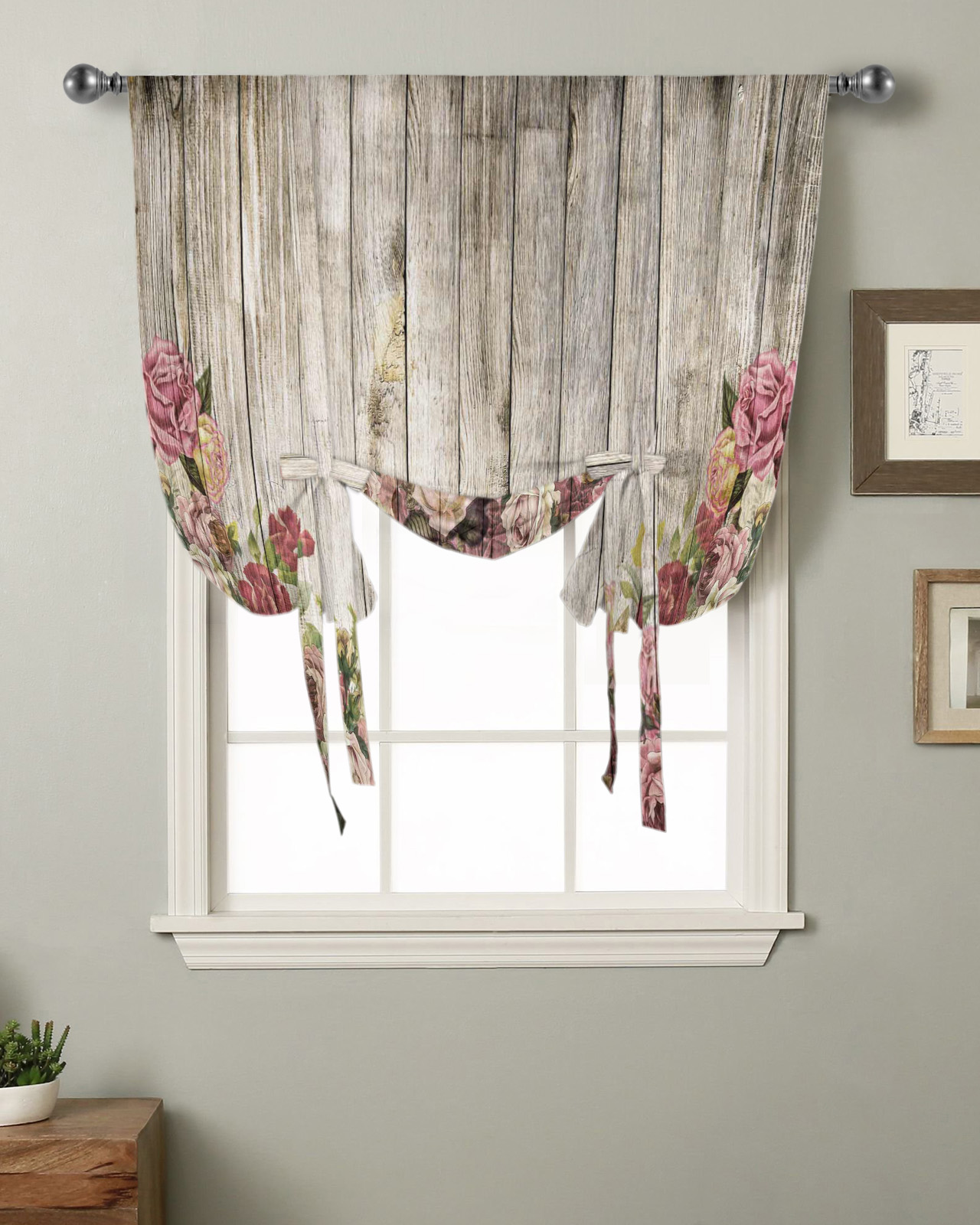 Wood Grain Flower Retro Kitchen Short Window Curtain Rod Pocket ...