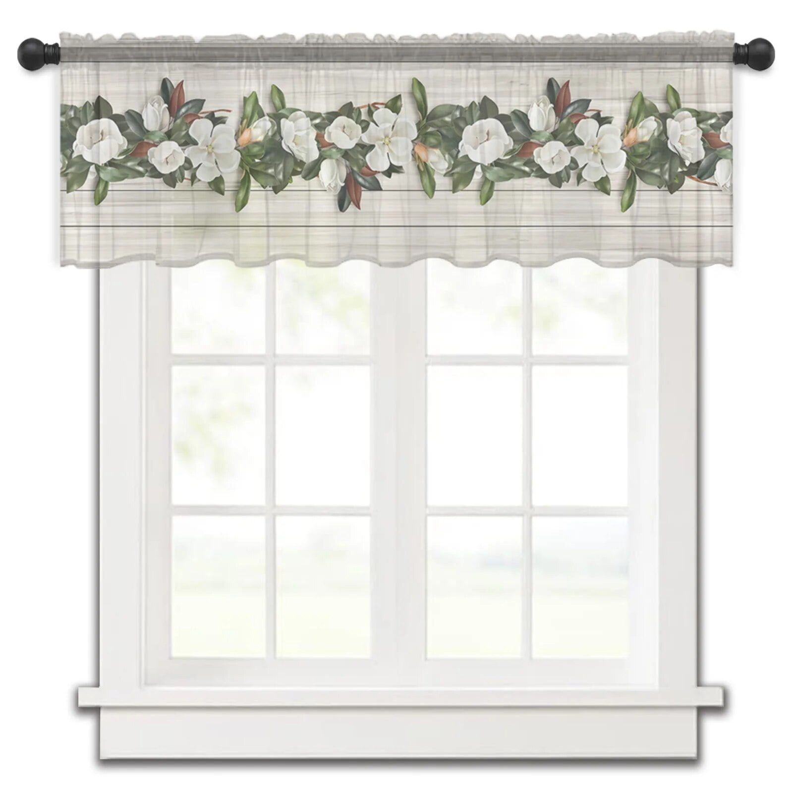 Wood Grain Magnolia Plant Flowers Rod Pocket Short Curtain Half-Curtain ...