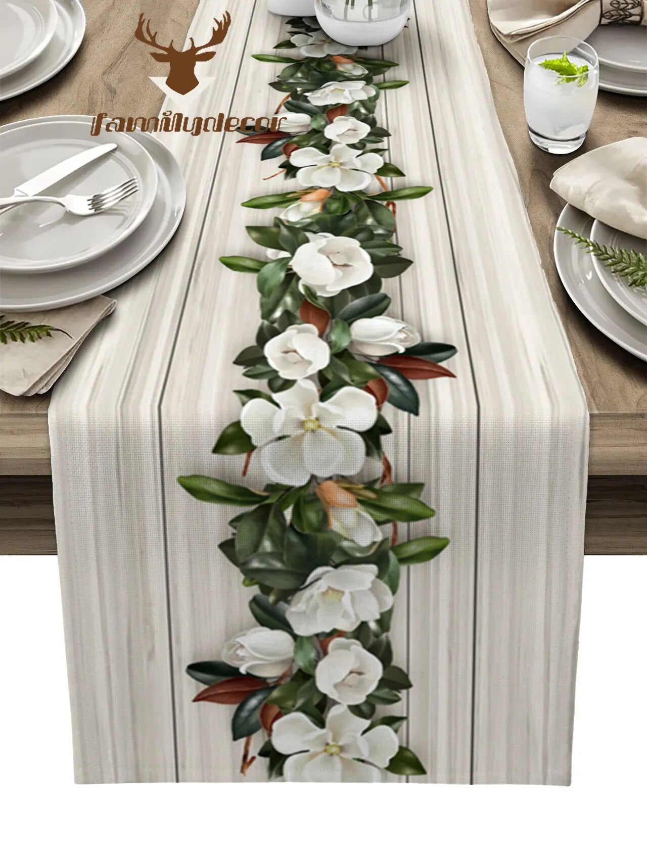Wood Grain Magnolia Plant Flowers Table Runner Home Wedding Table Flag ...