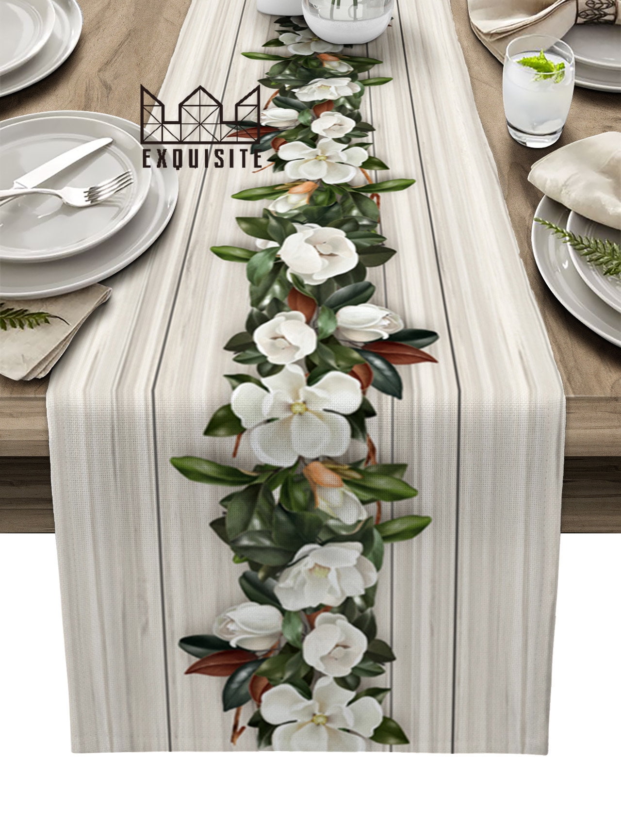 Wood Grain Magnolia Plant Flowers Table Runner ration Home r Dinner ...