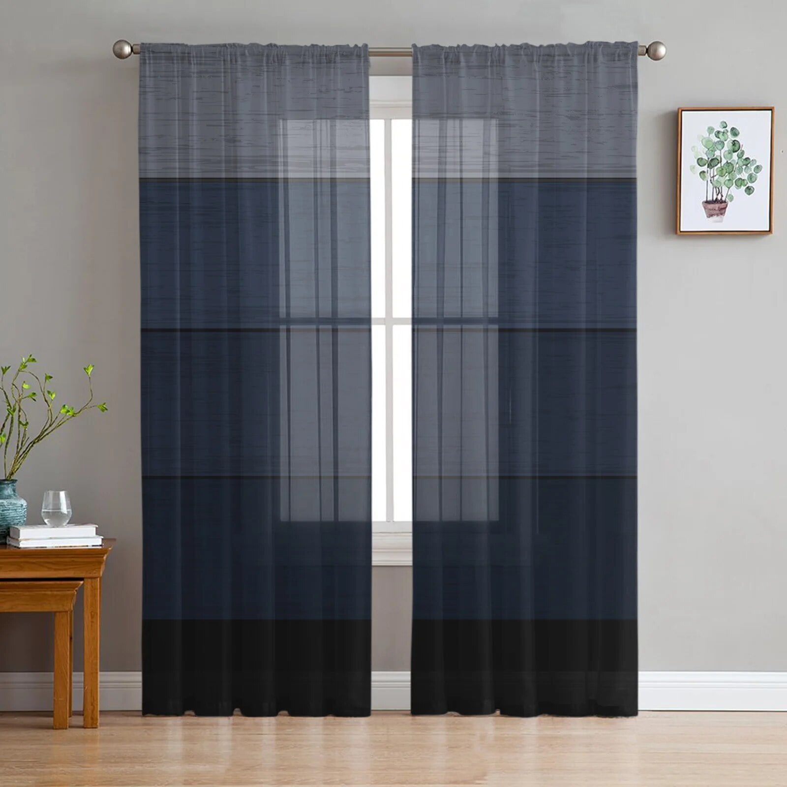 Wood Grain Navy Blue Gradient Sheer Curtain for Living Room Hall Wall ...