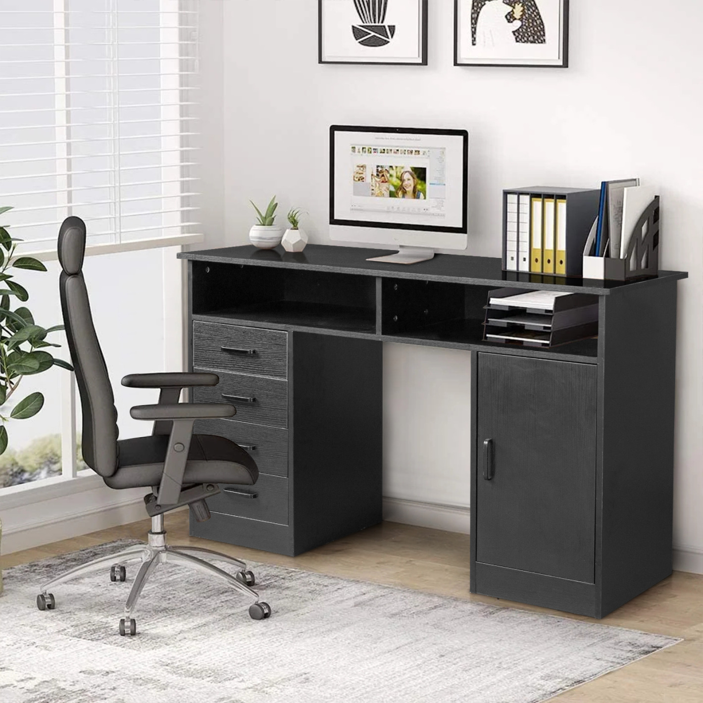 Wood Grain Particle Board Computer Desk with Four Drawers, Home Office ...