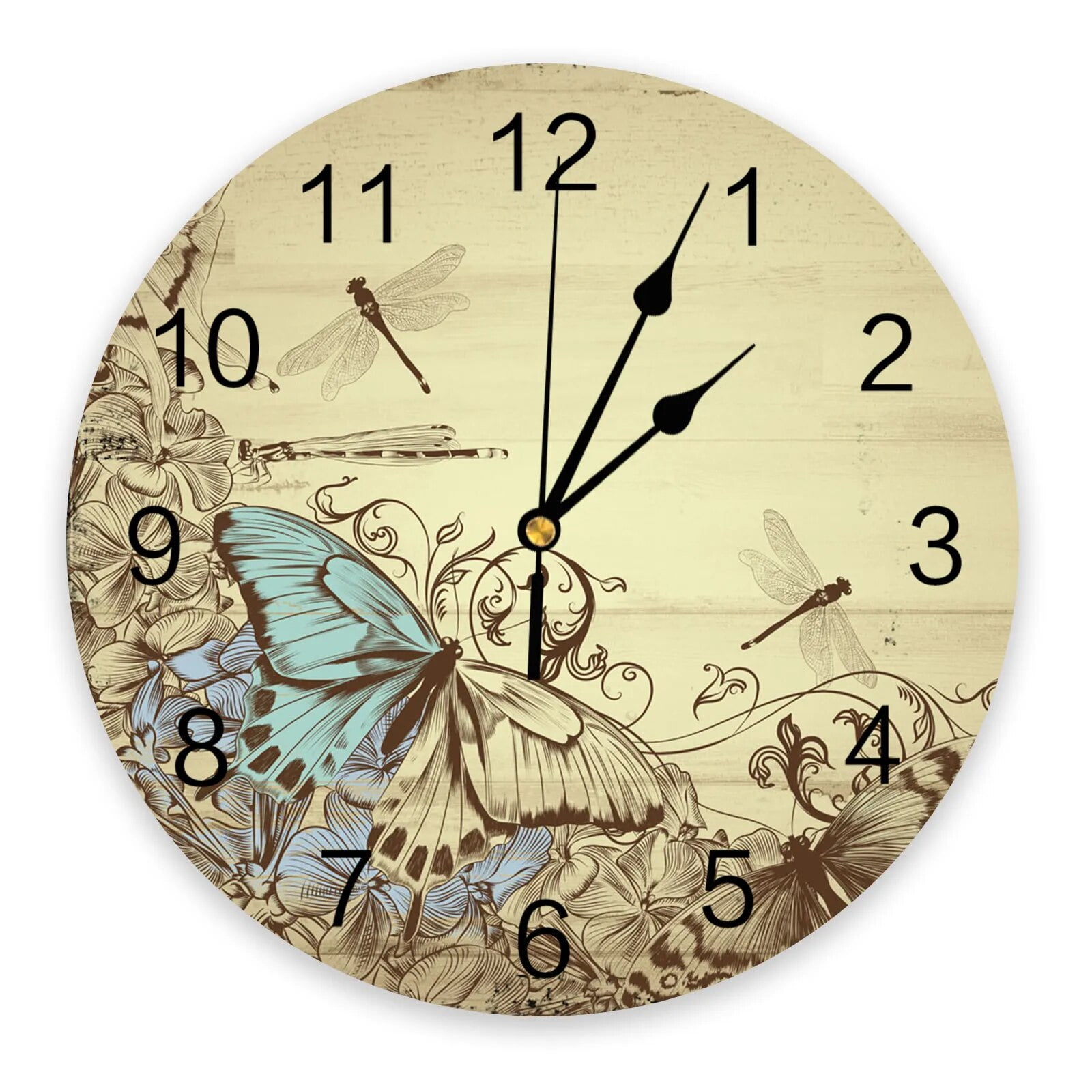 Wood Grain Plant Butterfly Retro PVC Wall Clock Modern Design Living ...