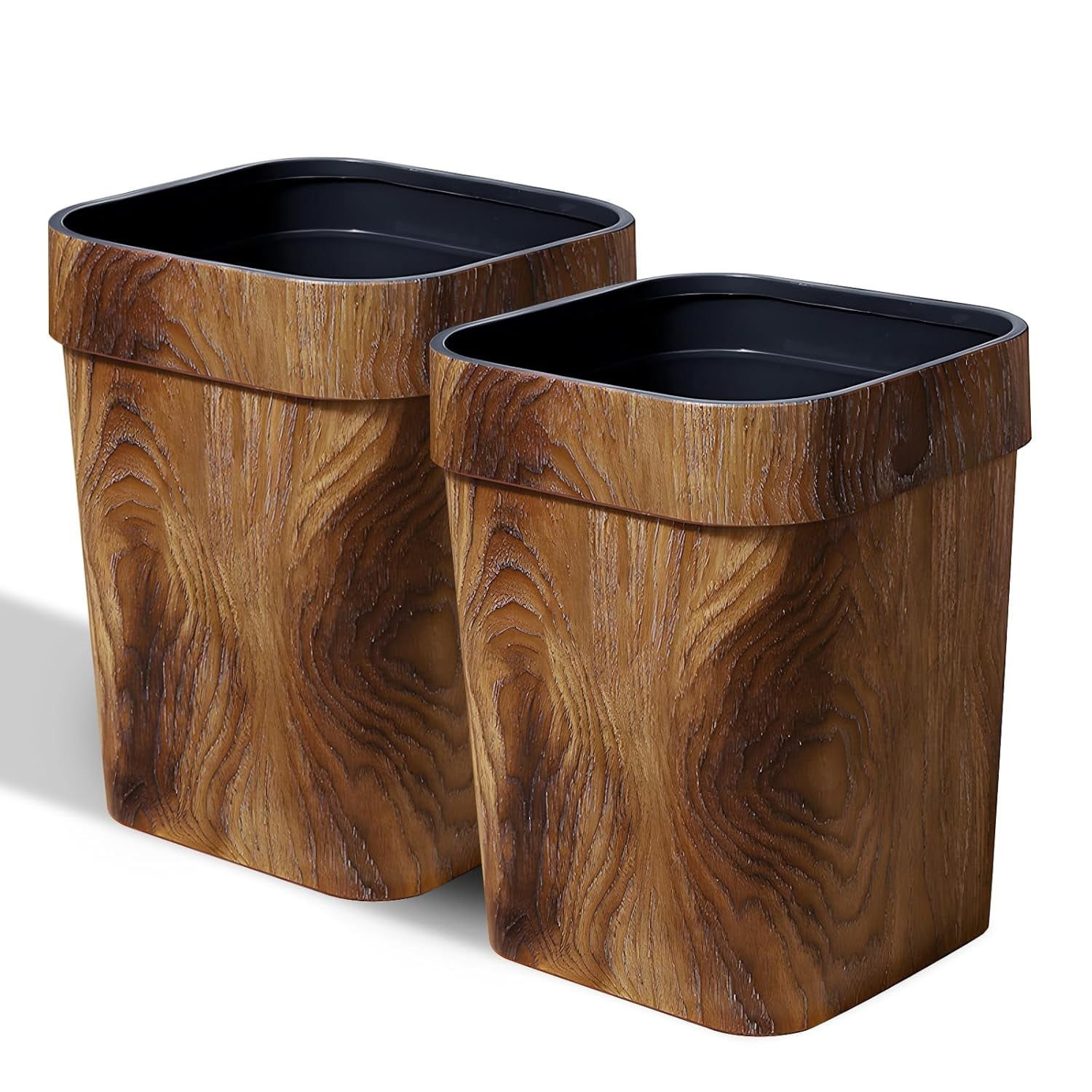 Wood Grain Plastic Trash Can Bedroom, Square 2-Pack, 3.7 Gal Farmhouse ...