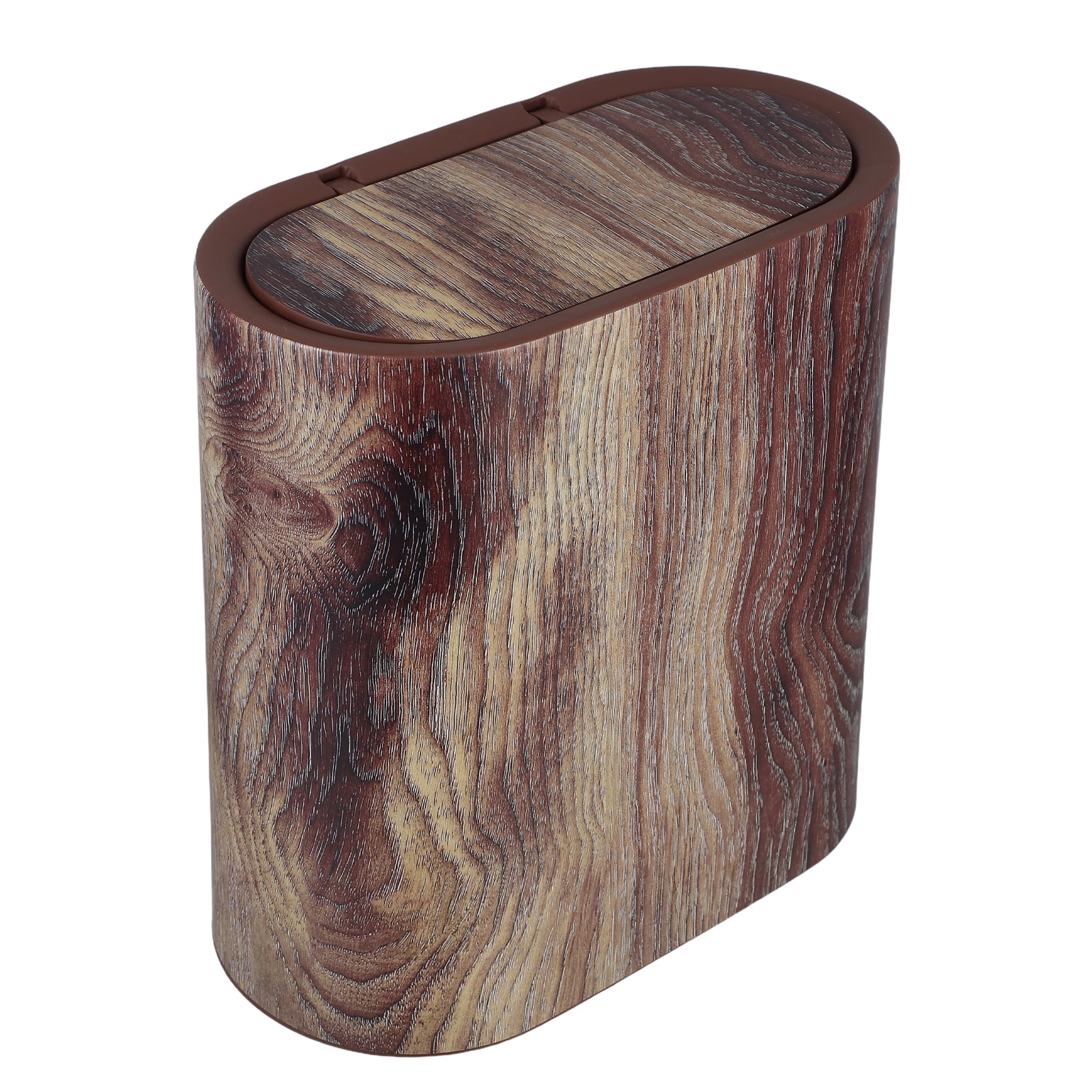 Wood Grain Plastic Trash Can With Lid Compact Waste Container For ...