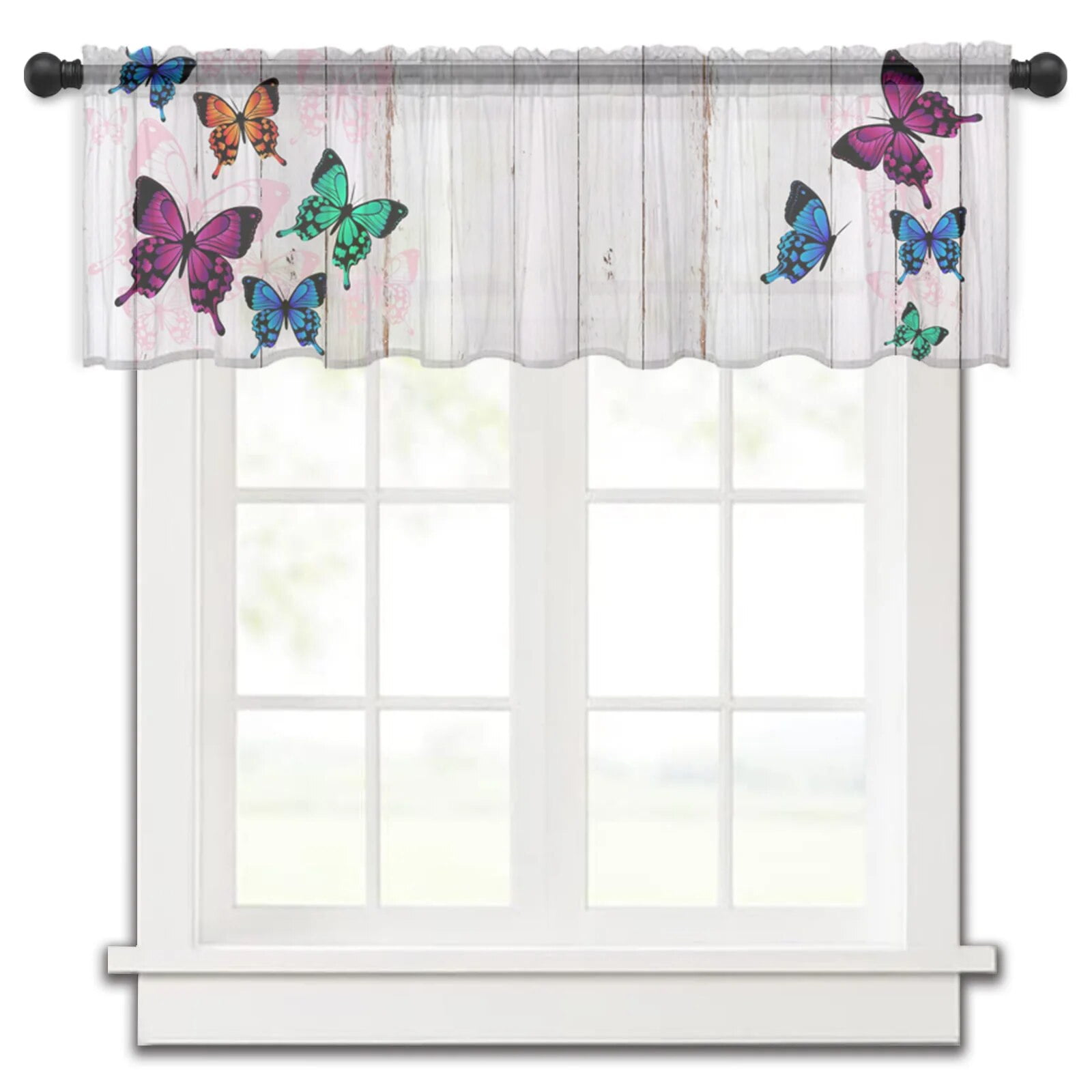 Wood Grain Retro Colorful Butterfly Sheer Curtains Short Curtains for ...