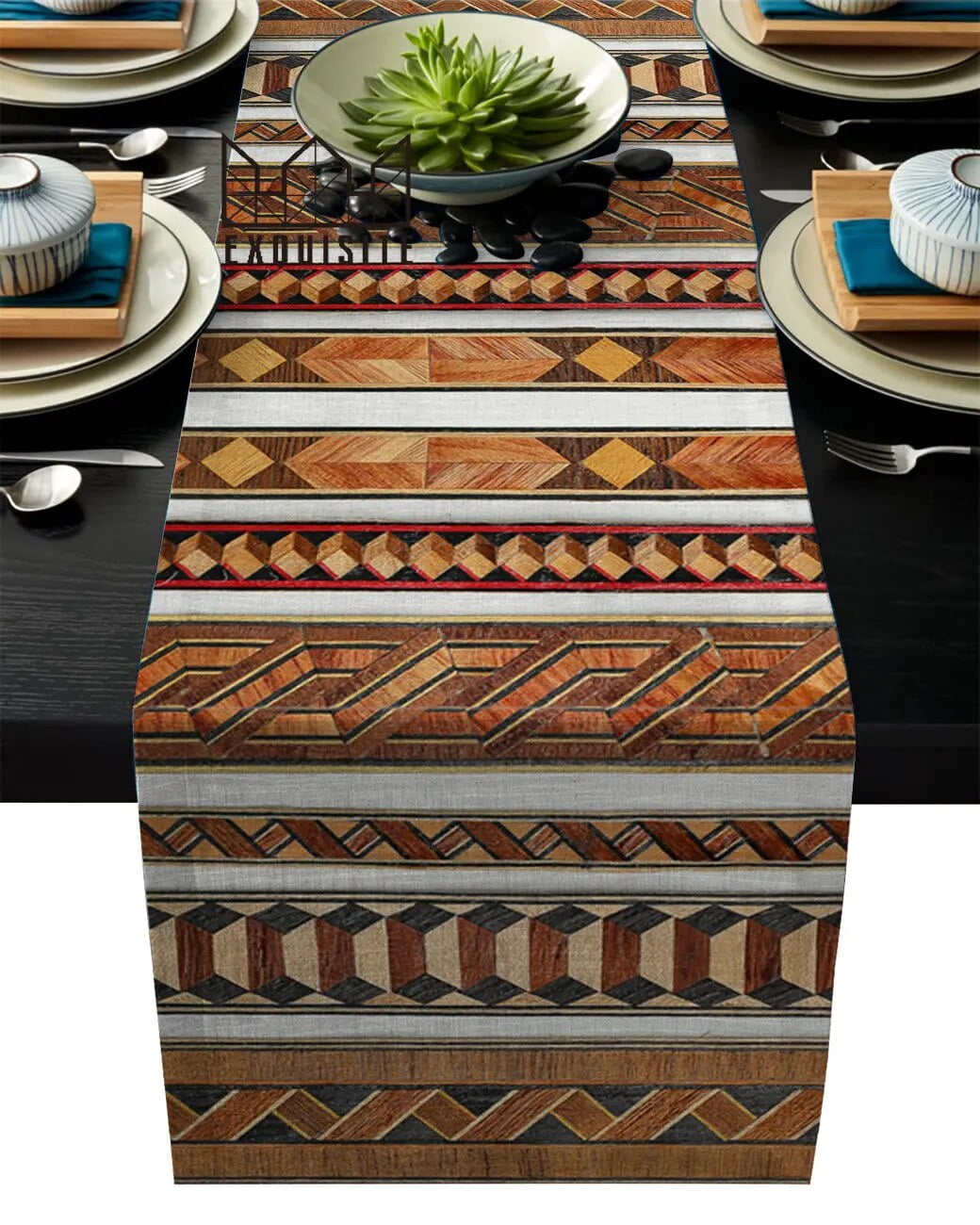 Wood Grain Retro Geometric Linen Cotton Table Runner Wedding Party ...