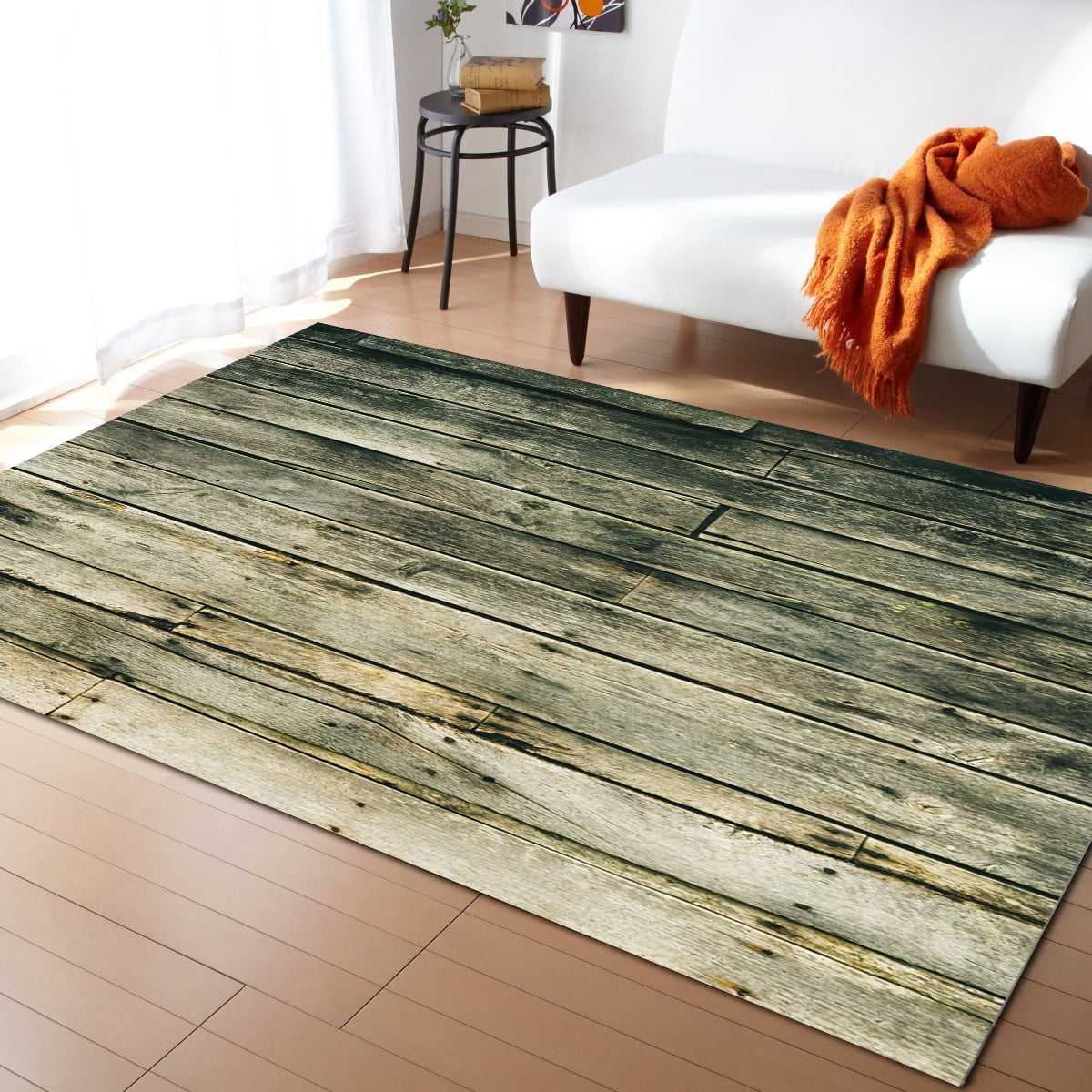 Wood Grain Retro Shabby Living Room Carpet Coffee Table Floor Mat Study ...