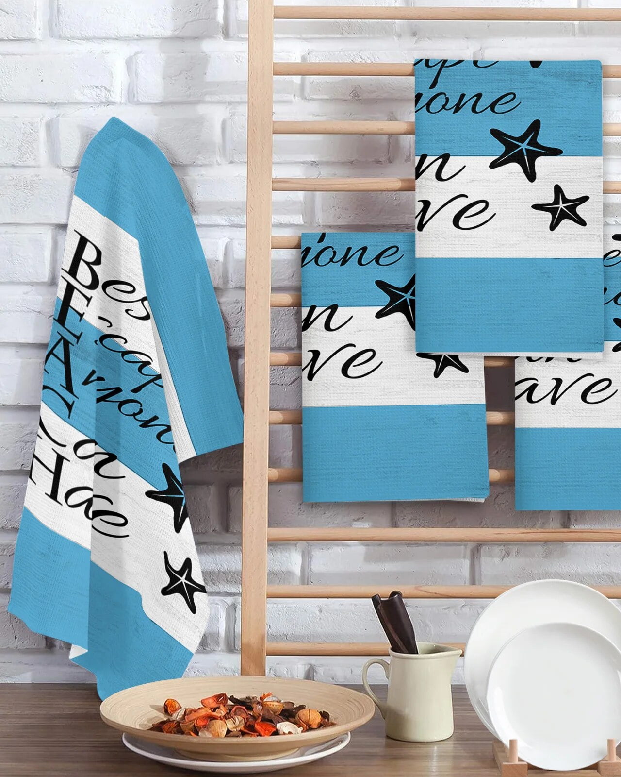 Wood Grain Sea Beach Star Kitchen Cleaning Cloth Towel Waffle Towel No ...