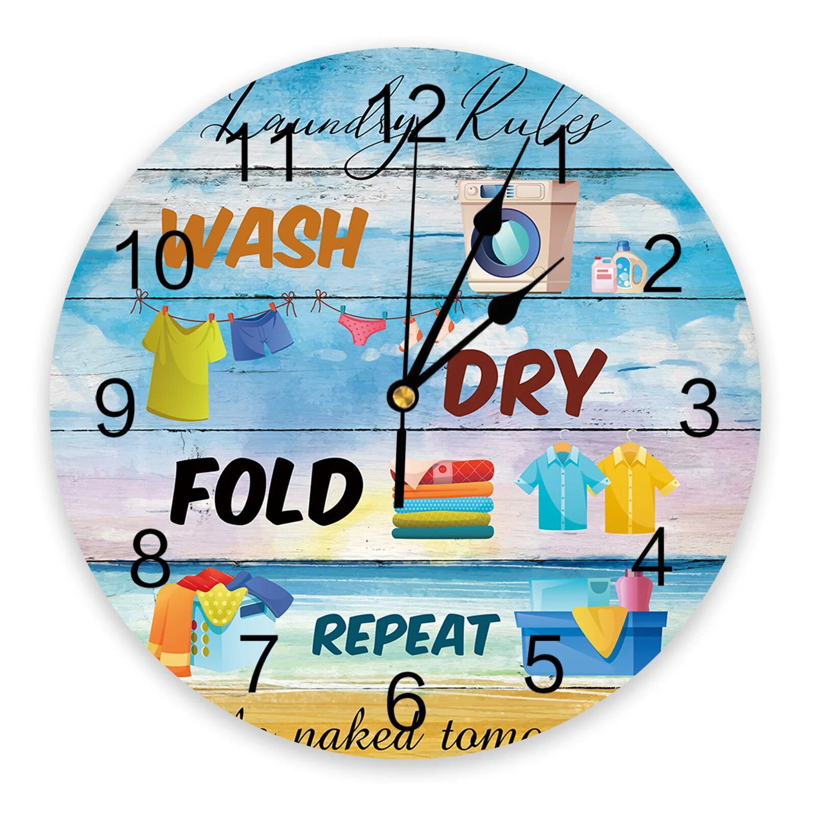 Wood Grain Sea Beach Watercolor Laundry Rules Wall Clocks Silent Home ...