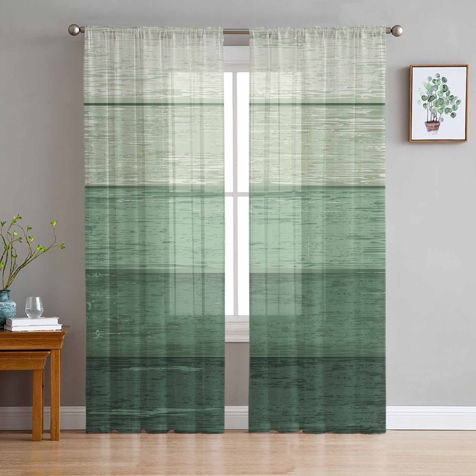 Wood Grain Striped Green Gradient Sheer Curtains for Living Room Modern ...