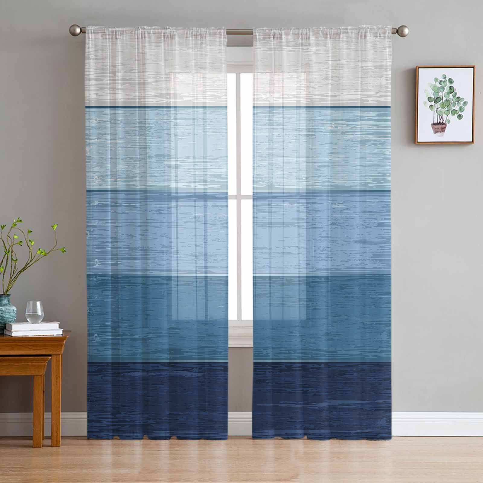 Wood Grain Striped Rural Style Blue Gradient Window Tulle Curtains for ...