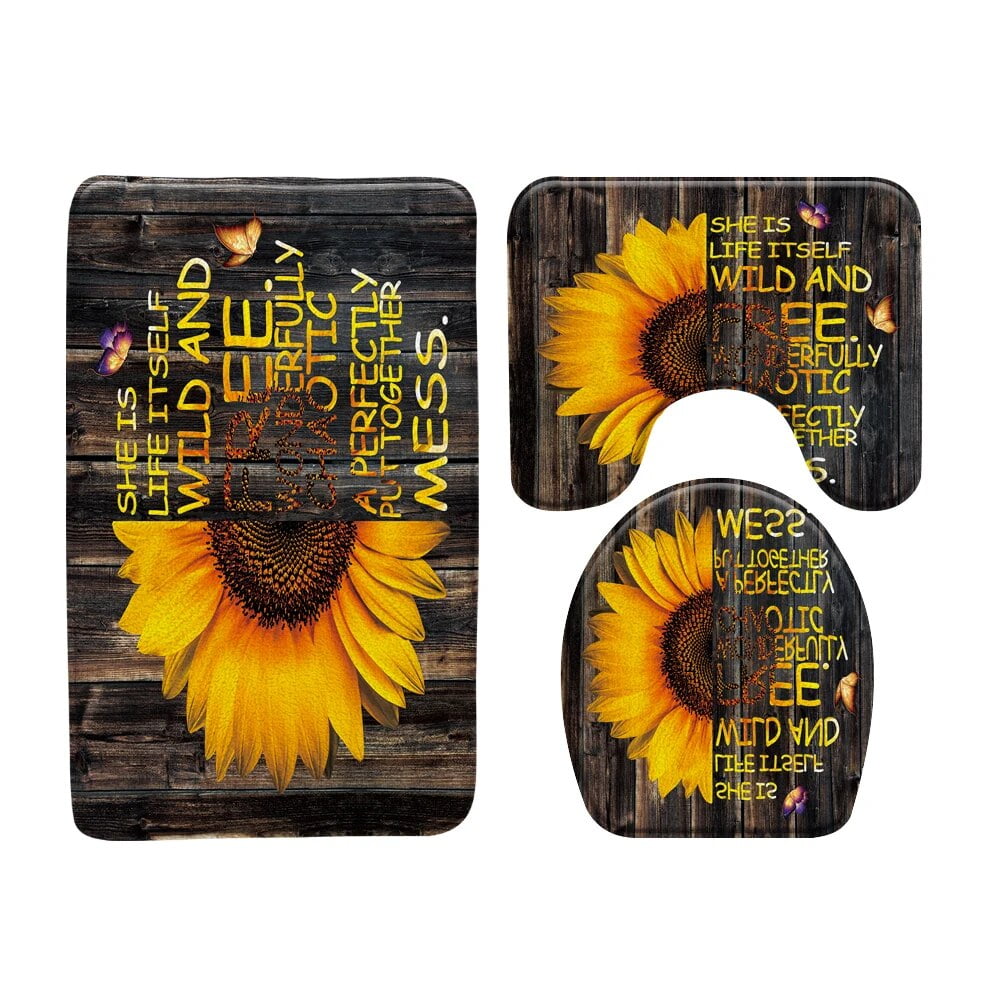 Wood Grain Sunflower Letters Inspirational Quotes Bath Mat 3 Set ...