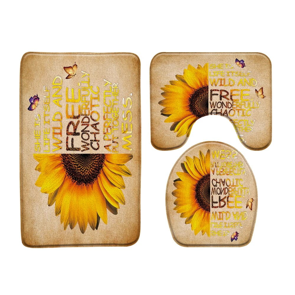 Wood Grain Sunflower Letters Inspirational Quotes Bath Mat 3 Set ...