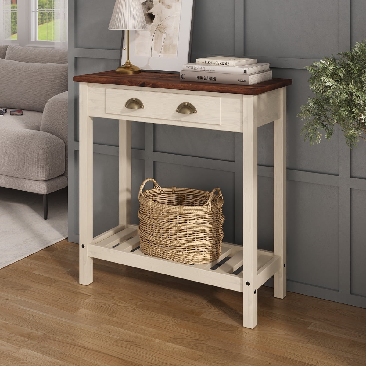 Wood Hall Table Console 1 Drawer Harvest White Distressed | Furniture ...