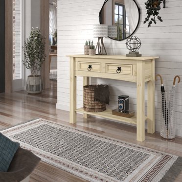 DecorTech Industrial Rectangular Wood Console Table with AC Power and ...