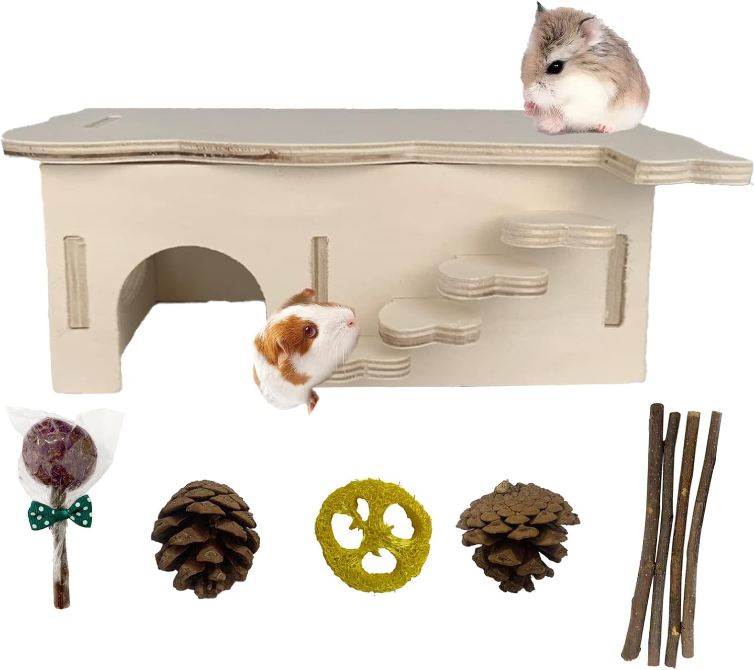 Wood Hamster House,Natural Wooden Chinchilla Hut with Steps Window ...