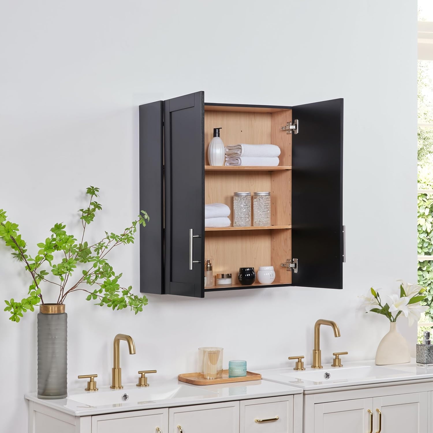 Wood Hanging Cabinet with Doors and Shelves, Wall Mounted Bathroom ...