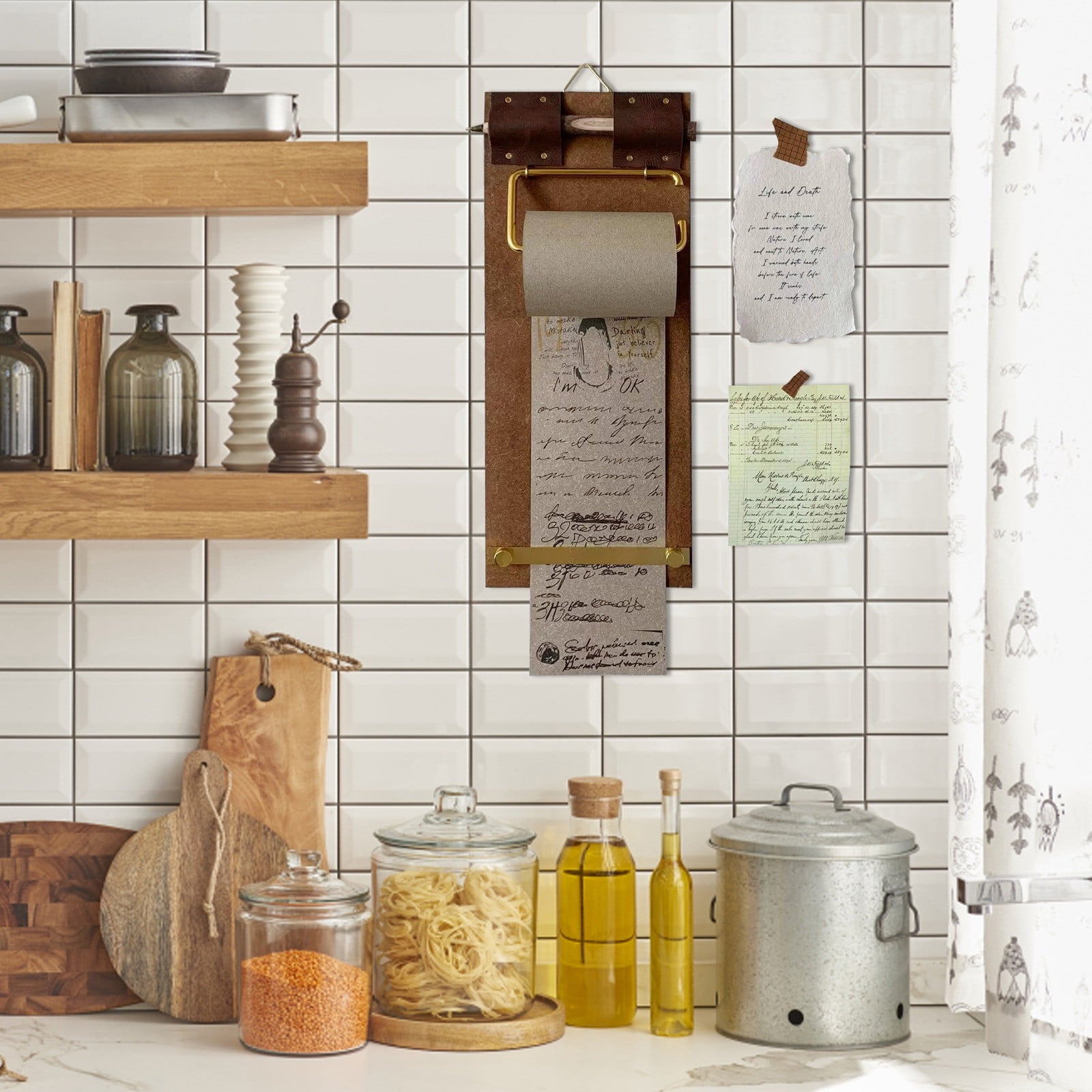 Wood Hanging Memo Board Cork Wall Organizer With Writing Paper Roll ...