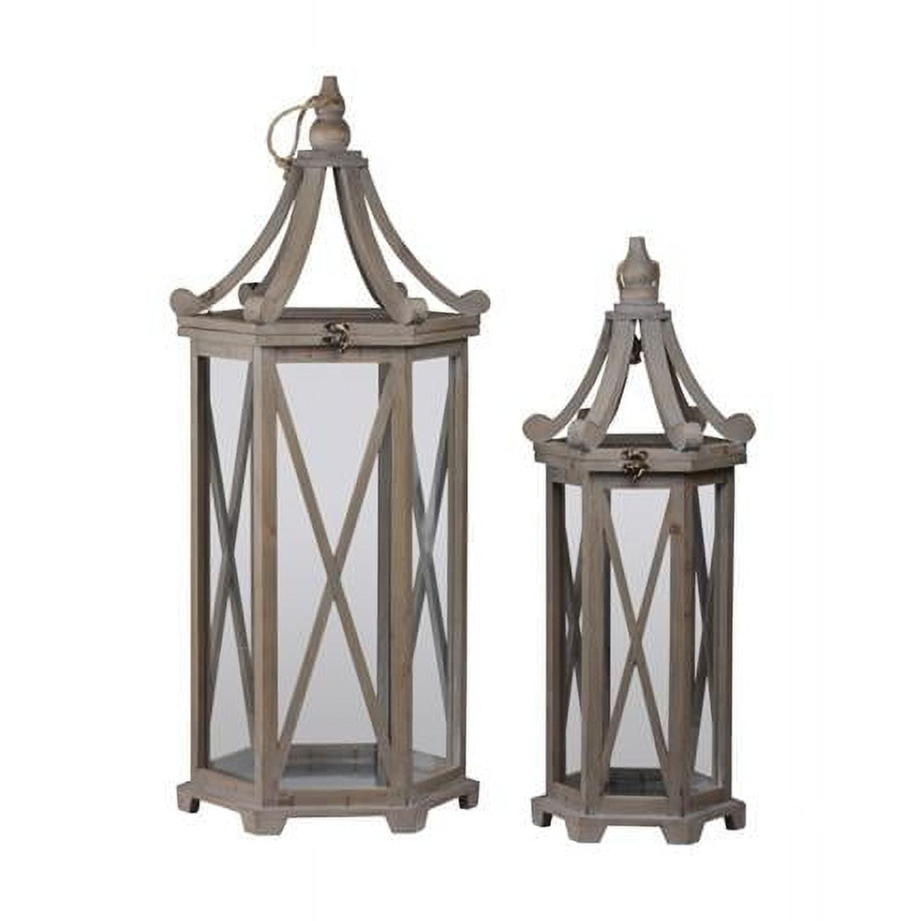Wood Hexagonal Lantern with Rope Handle, Cabriole Open Top, Glass Sides ...