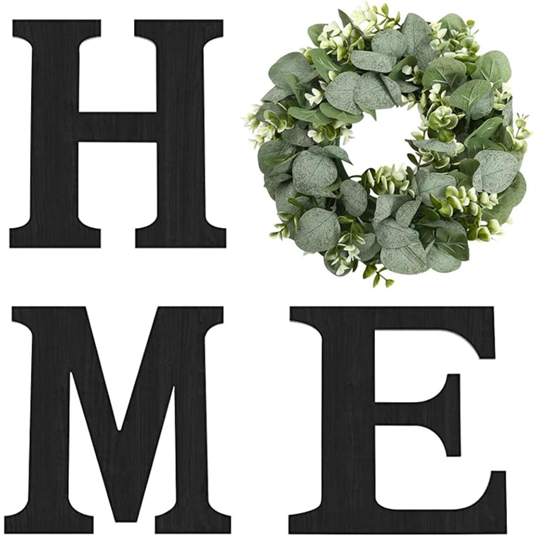 Wood Home Sign with Artificial Eucalyptus Wreath for O, Hanging ...