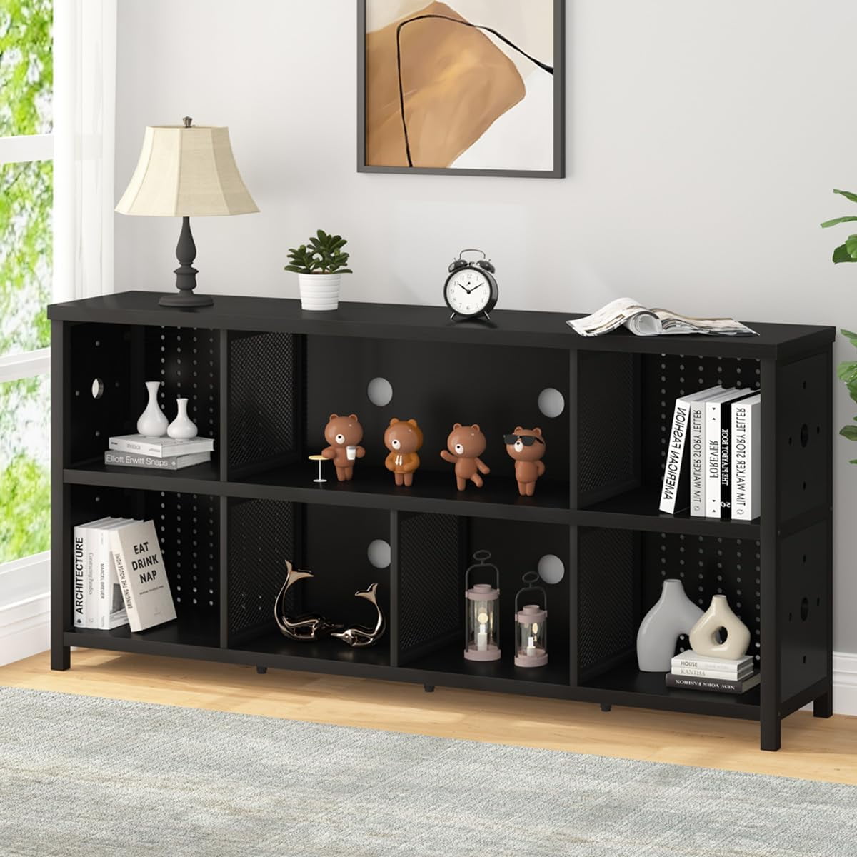 Wood Horizontal Bookshelf Long Bookcase Cube Shelf Organizer Large Wide ...