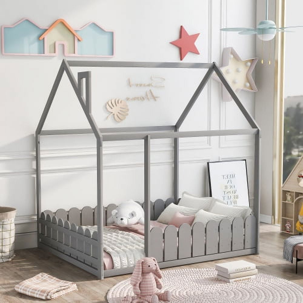 Wood House Bed,Full Size House Bed Frame with Roof and Fence ...