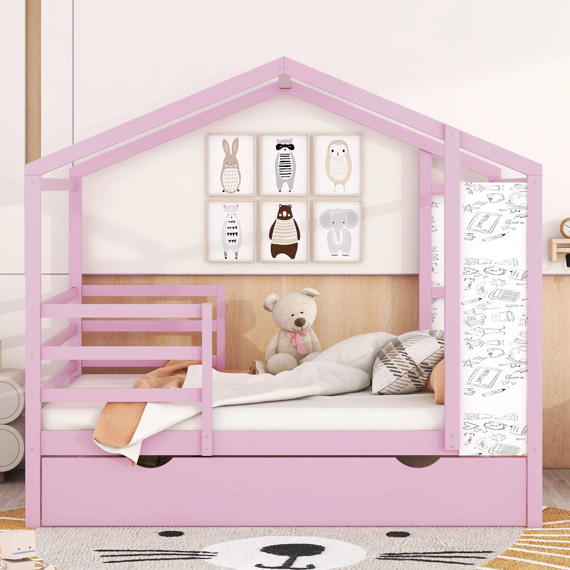 Wood House Bed Platform Bed Canopy Bed with Fence and Writing Board ...