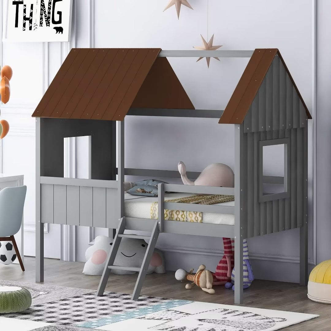 Wood House Bed, Twin Size Low Loft Bed with Roof and Two Side Windows ...