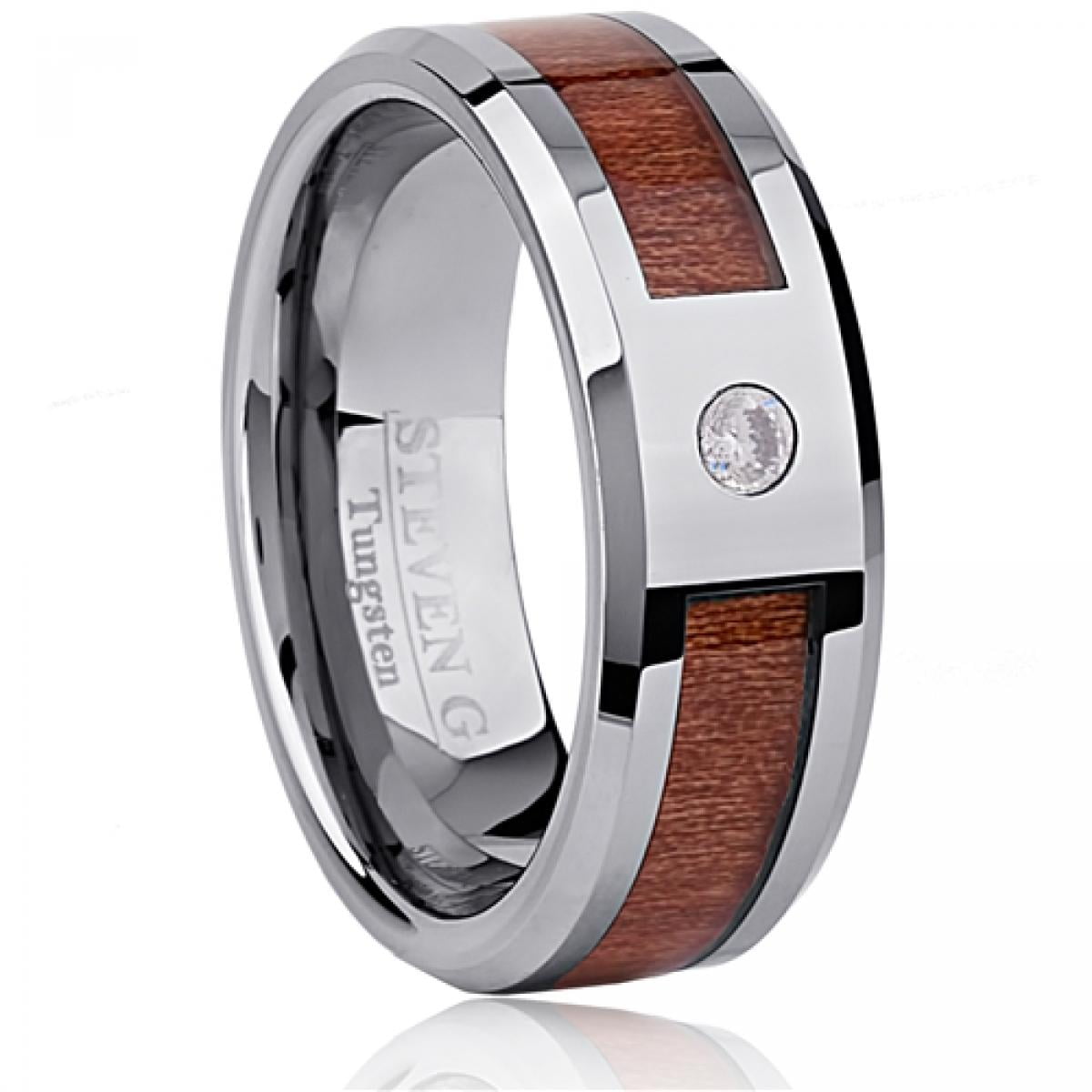 Wood Inlay With Cz Inset Stone Tungsten Ring - Walmart.com
