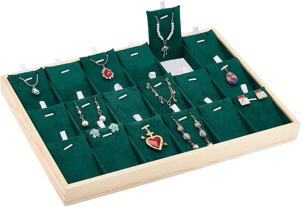 Wood Jewelry Display Tray 18 Grids Stackable Jewelry Storage Trays Green Necklace Tray Organizer ...