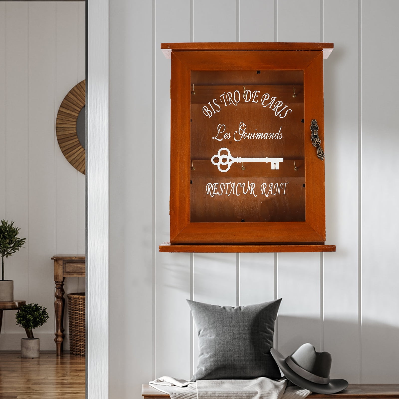 Wood Key Cabinet Wall Mounted Wood Key Holder Box with 6 Hooks ...