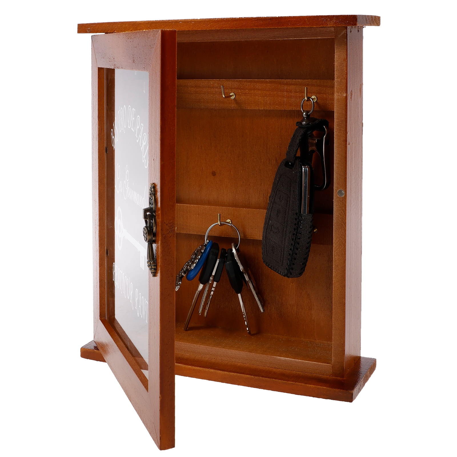 Wood Key Cabinet Wall Mounted Wood Key Holder Box with 6 Hooks ...