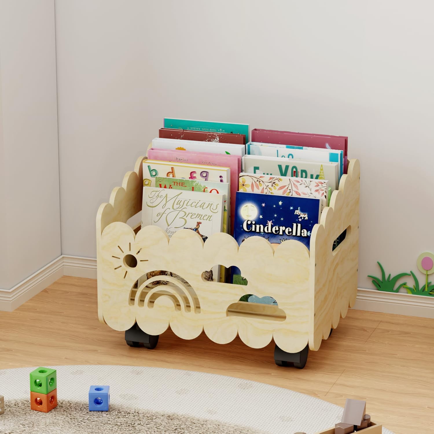 Wood Kids Bookshelf, Montessori Bookshelf, with 2 Adjustable Dividers ...