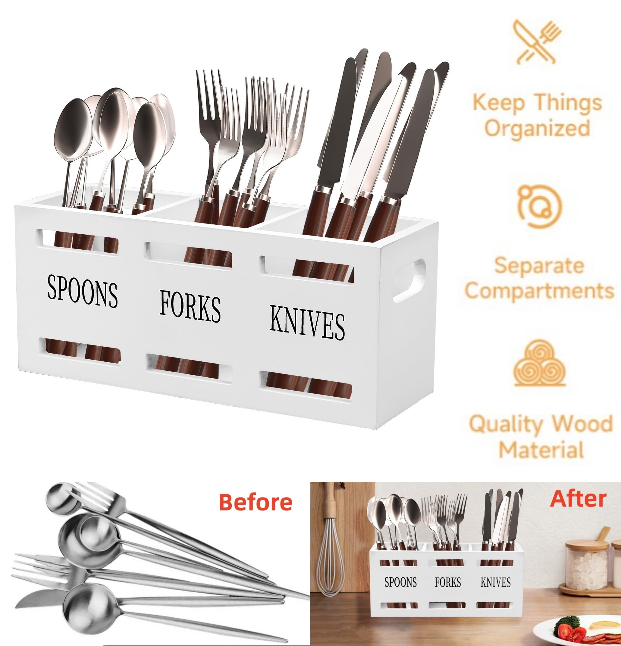 Wood Kitchen Utensil Holder - Decorative Utensil Tray, Basket to Put ...