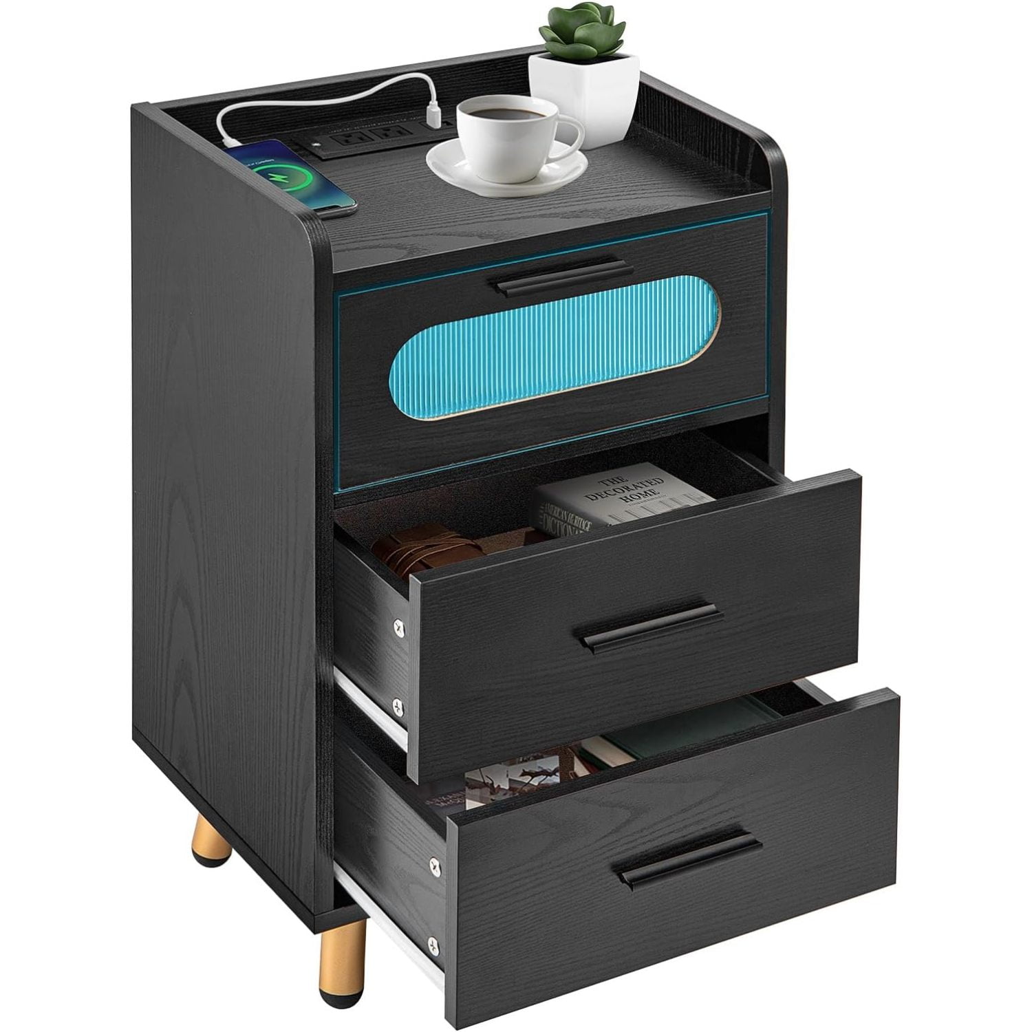 Wood LED Nightstand with Charging Station, Night Stand with 3 Wood ...