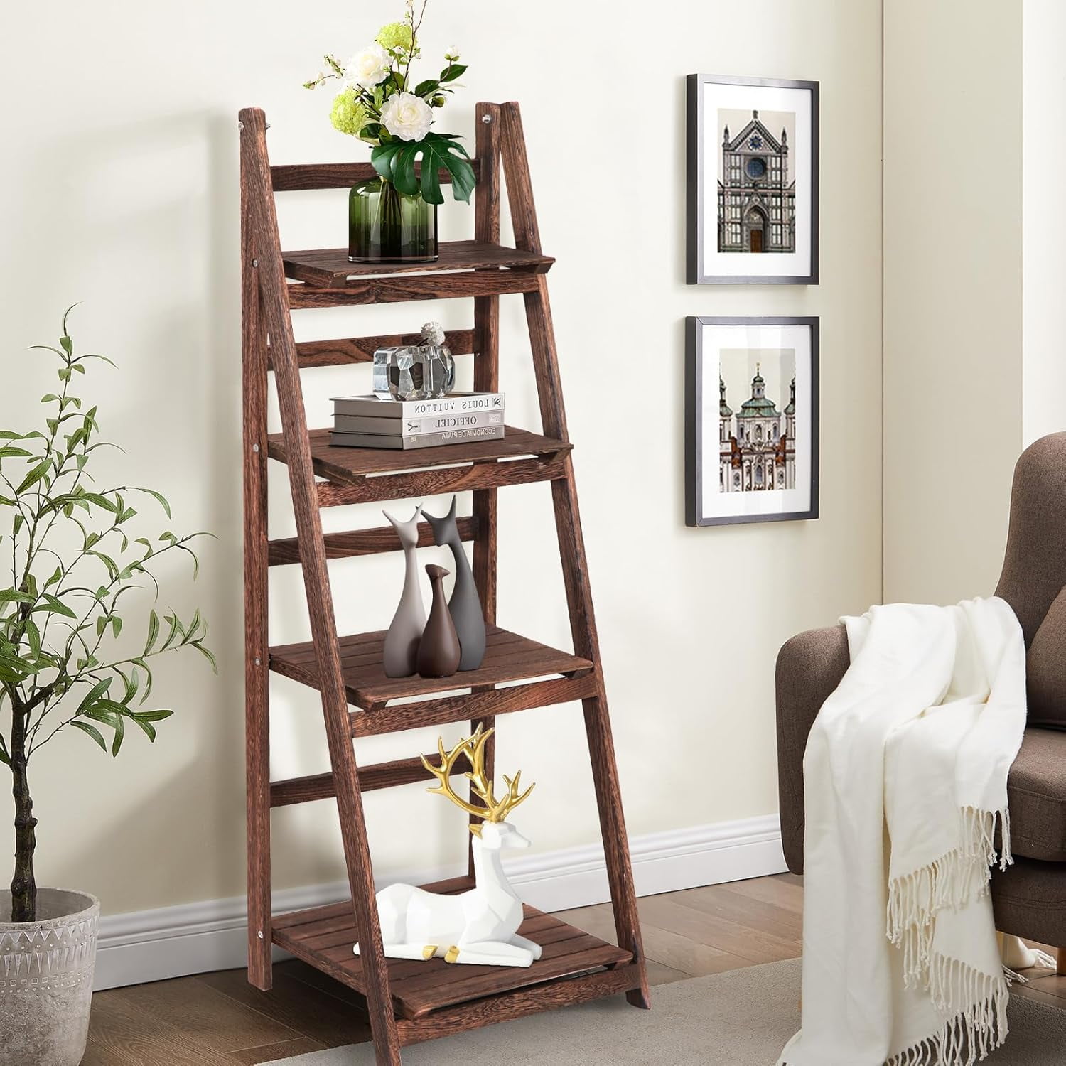 Wood Ladder Shelf Plant Shelves for Plants 4 Tier Ladder Bookshelf ...