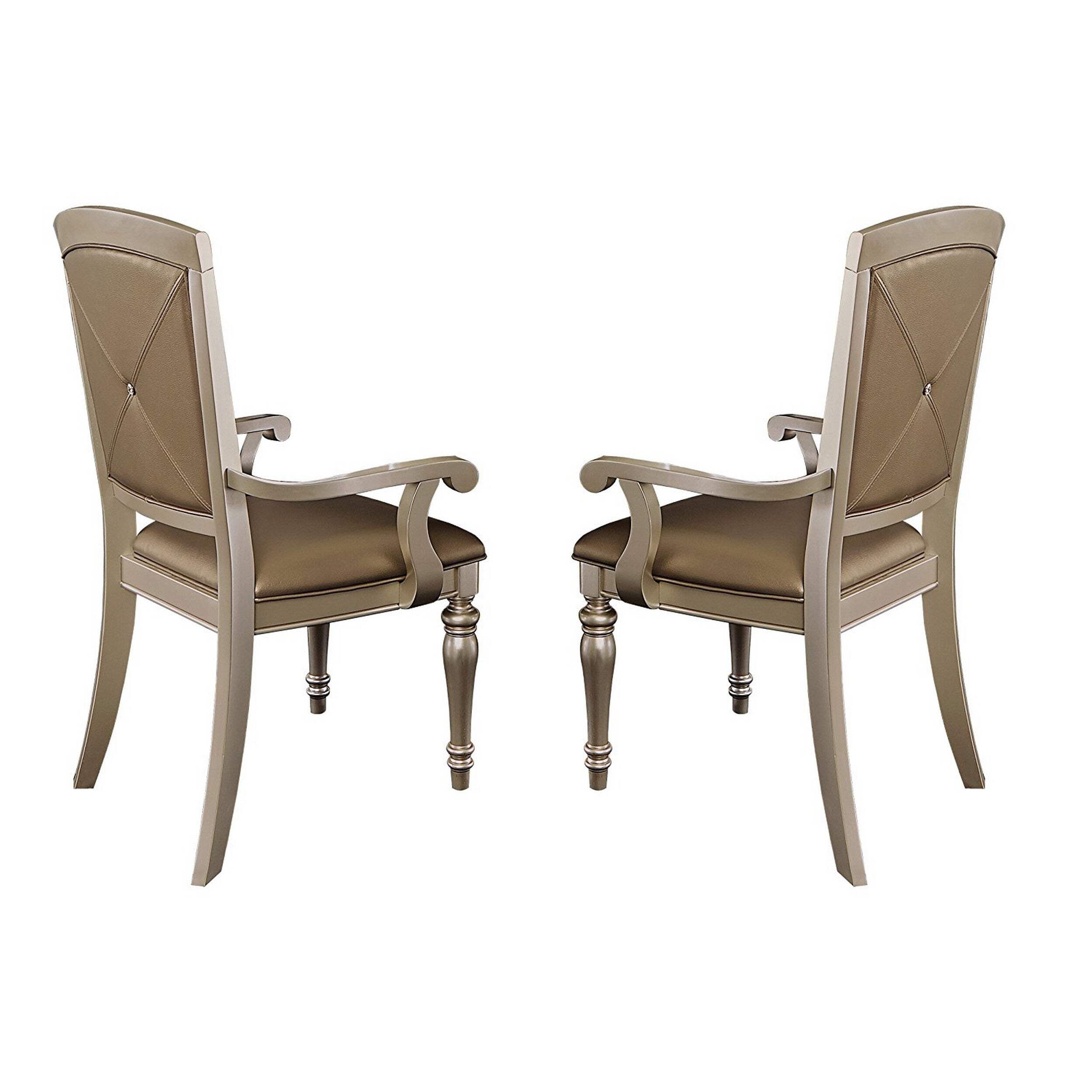 Wood Leather Dining Side Arm Chair With Crystal Tufting, Silver, Set Of ...