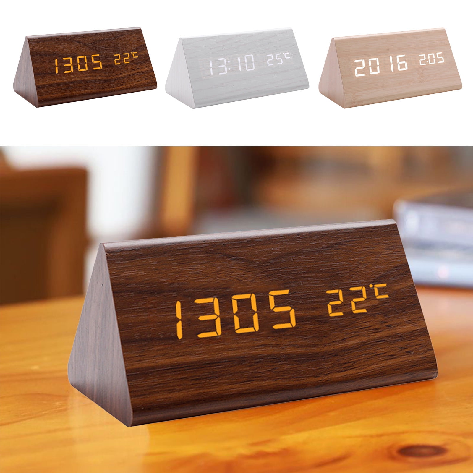 Wood Led Digital Clock with Day Week Temperature Display 3 Alarm ...