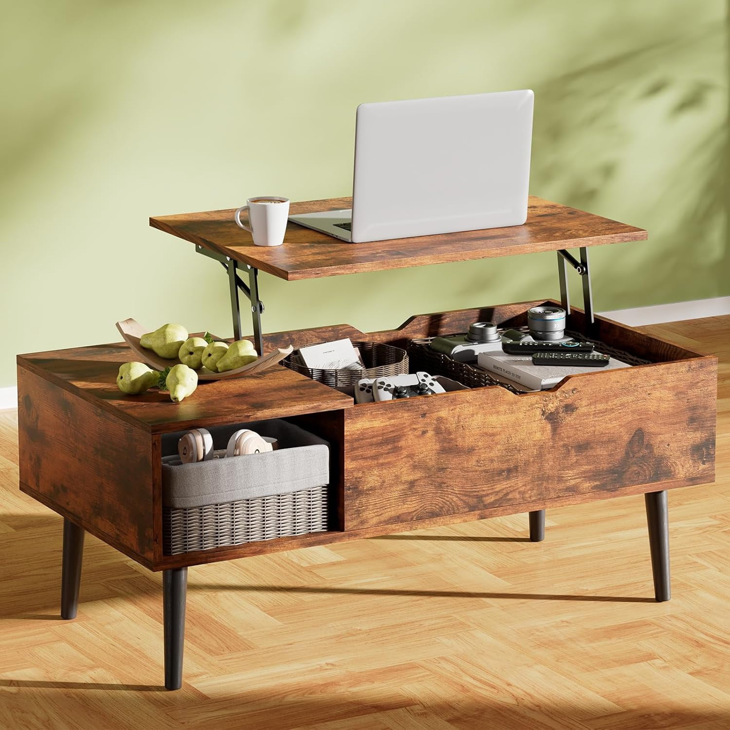 Wood Lift Top Coffee Table with Hidden Compartment and Large Storage ...
